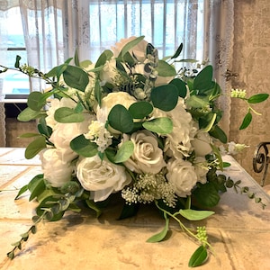 White and Sage Green Wedding Table Arrangement, Guest Table Flower Ball ...