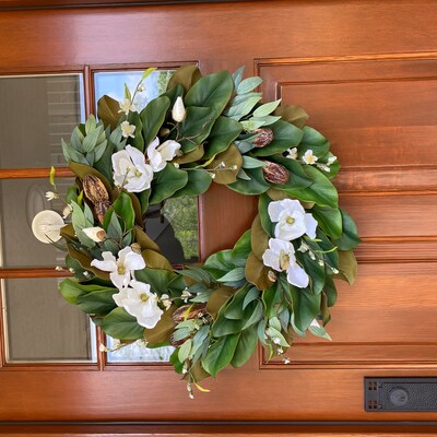 Magnolia Wreath for Front Door With Realistic White Magnolia Blooms ...