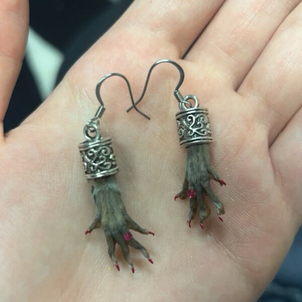 Taxidermy Rat Feet With Painted Nails and Rhinestone Ring Earrings Made ...