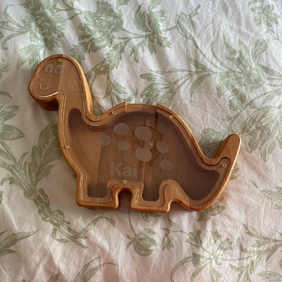 Handmade Dinosaur Coin Bank for Kids, Wooden Brontosaurus Money Box ...