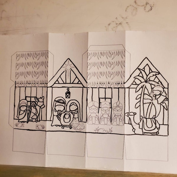 3D Nativity Scene Paper House Template, Christmas Coloring Craft for ...