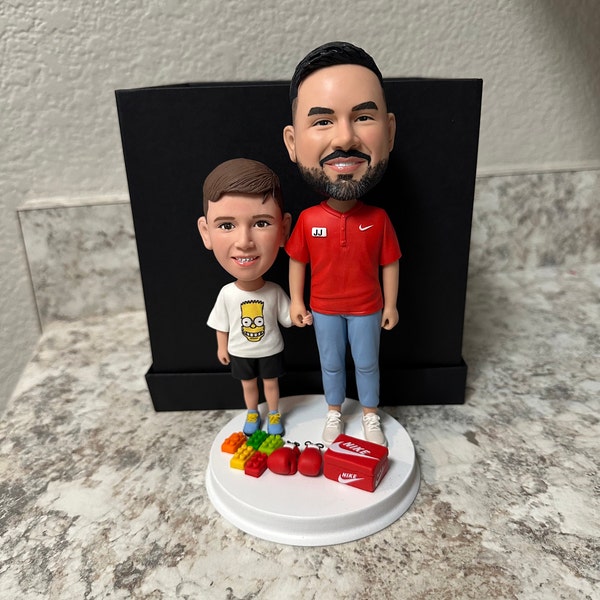 Custom Clay Bobbleheads Father and Son, Personalized Double Polymer Clay Figurines Sculpted ...