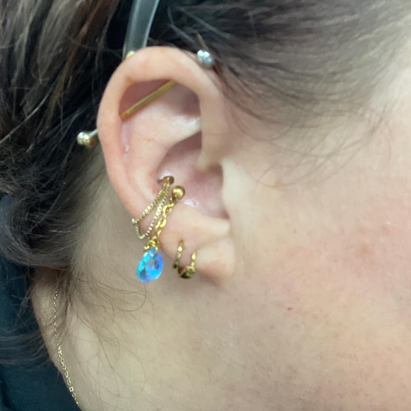 16g Dainty Flower Helix Double Chain Ear Stud, Flat Back Chain Hoop ...