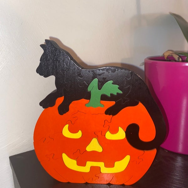 Jack O Lantern Pumpkin With Black Cat Halloween Fall Puzzle Wooden Toy ...