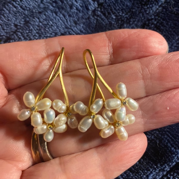 Gold Flower Pearl Earrings • Pearl Cluster Drop Earrings • Triangle ...