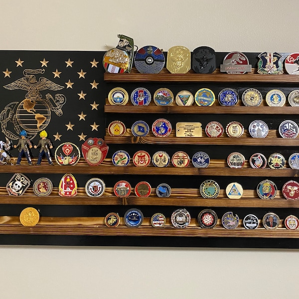 Subdued USMC Marines Wooden American Flag Challenge Coin Display, Holds ...