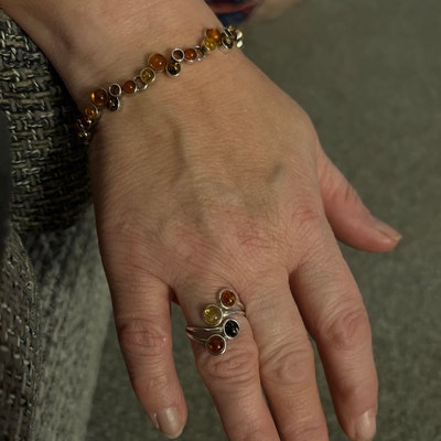 Multicolored Amber Adjustable Ring on 925 Silver, Amber Ring ...