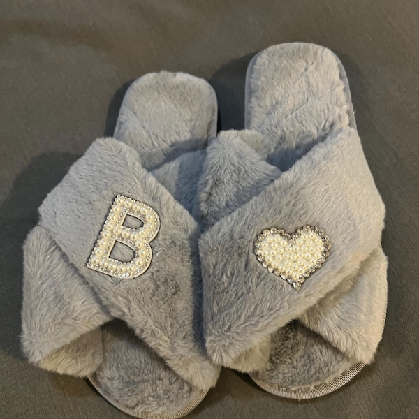 Bride Gift Pearls Slippers, Rhinestone Fluffy Slippers, Bridal Shower ...
