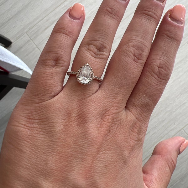 Rose Gold CZ Pear Engagement Ring - Pear Cut Ring - Pear Halo Ring ...