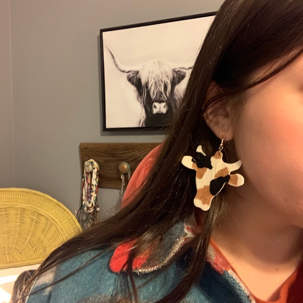 COWHIDE COWHEAD EARRINGS | Genuine Hair on Cowhide Cow Head Earrings ...