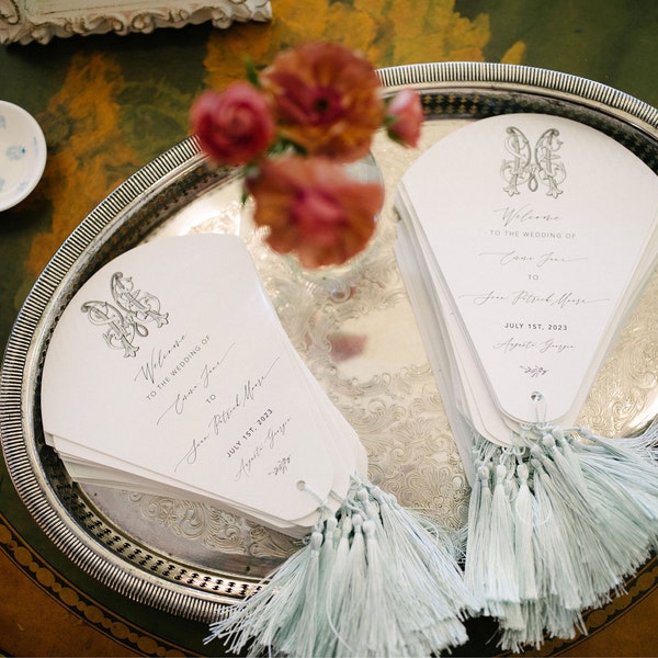 Debossed Olive Minimal Wedding Fan Program With Silky Tassels, Assembled Hand Fans for Wedding ...