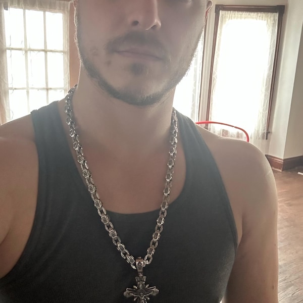 Men's Silver Necklace Set With a Cross; Chain With Holy Faces; 925 ...