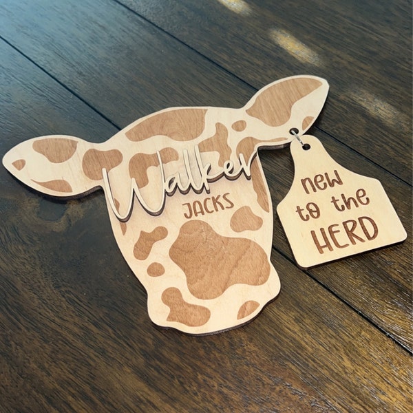 Engraved Wood Cow Tag Baby Milestone Photo Prop, Birth Announcement ...