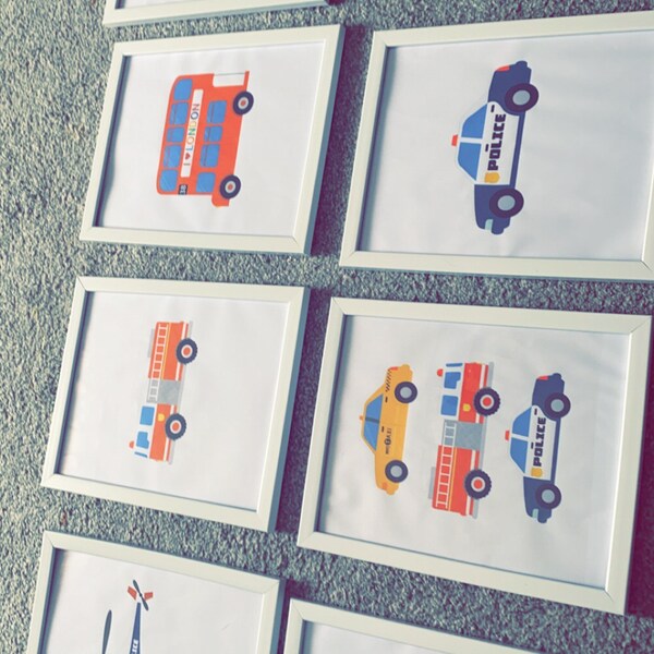 Set of 8 Prints, Transportation Boy Nursery Art Set Truck Train Car Bus ...