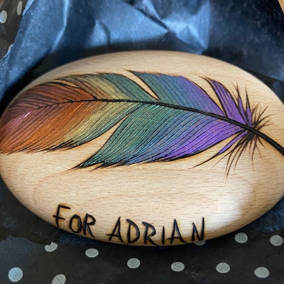 Rainbow Feather Pebble Pyrography on Solid Wood With Metallic - Etsy