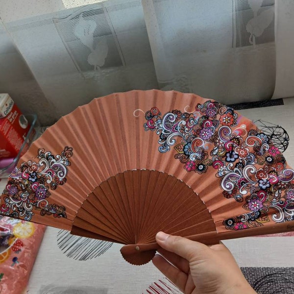 Primavera Red Handcrafted Fan in Pear Wood and Cotton Fabric, Hand Fan ...