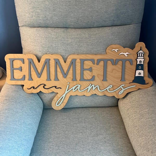 Nautical Name Sign, Large Wood Name Sign, Nursery Name Sign, Lighthouse ...