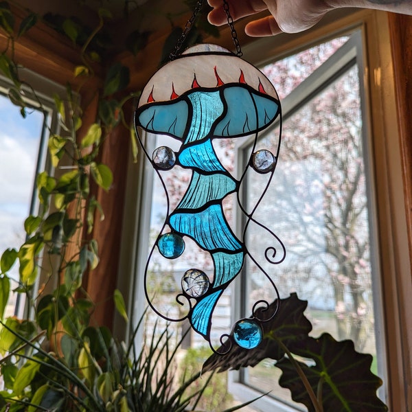 Jellyfish Stained Glass Sun Catcher Window Hanging Home Decor Ocean Sea ...