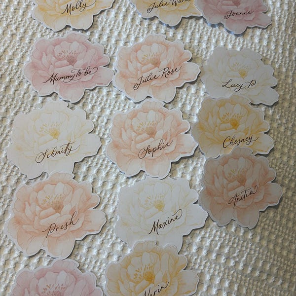Personalized Pastel Peony Place Cards: Walnut Calligraphy - Etsy