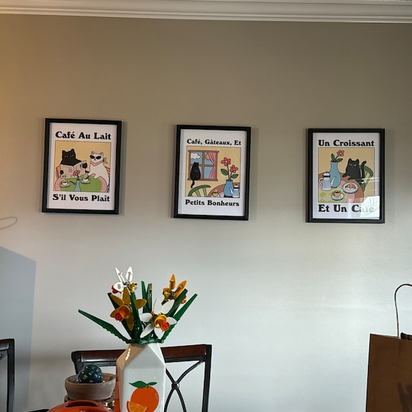 French Cafe Croissant Cat Print, Retro Drink Poster, Bistro Coffee ...