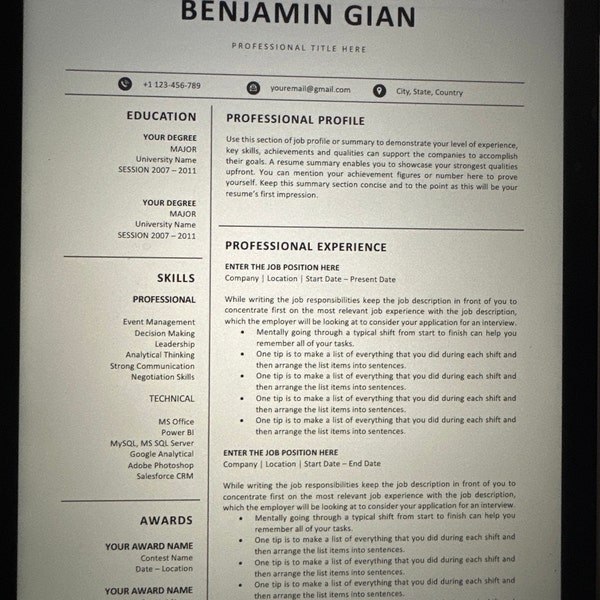 Professional Minimalist Resume Template Word, CV Template Clean, Modern ...