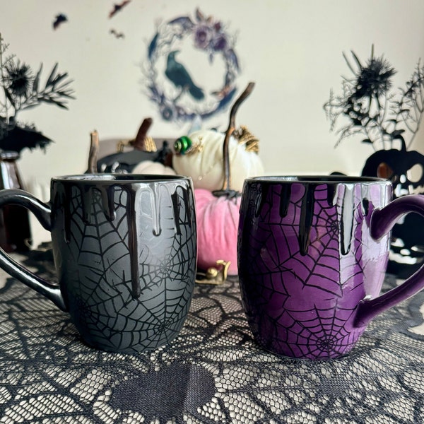 Purple Web Mug, Cobweb Gloss Drips, Spiderweb Ceramic, Unique Cup ...