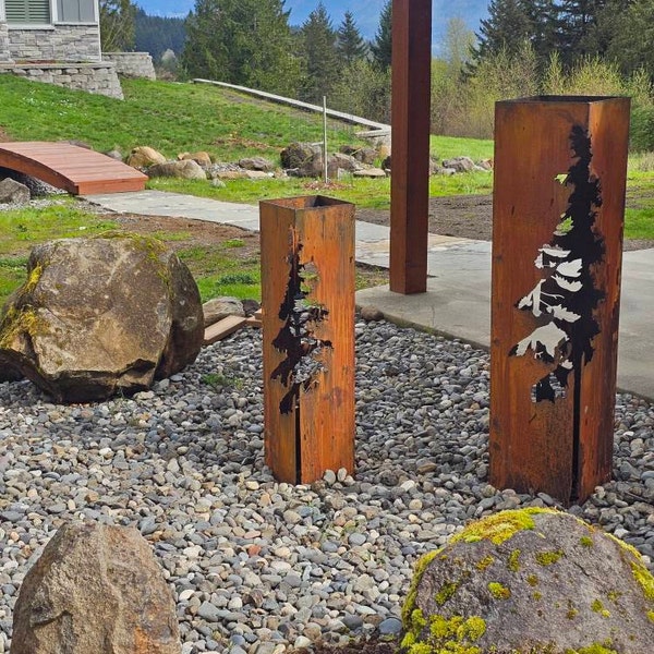 Pine Tree Garden Columns - Garden Decor - Metal Garden Sculpture - Well ...