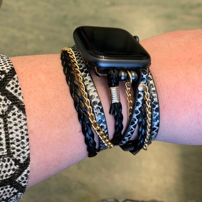 Black Boho Chic Apple Watch Band 38-49mm Snakeskin Leather Apple Watch ...