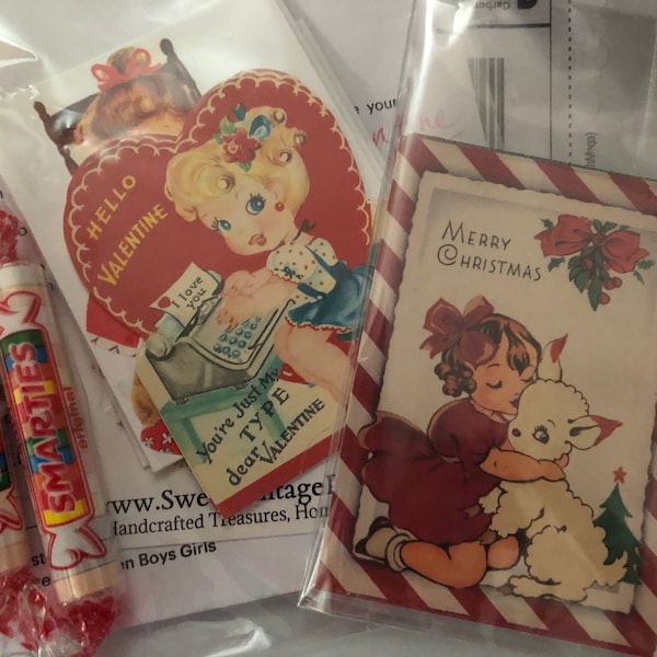 Set of 9 Vintage Retro Theme Christmas Gift Bag Art Tags AND Ribbons or ...