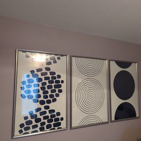 Navy Mid Century Modern Geometric Print Set of 3, Boho Beige and Navy ...