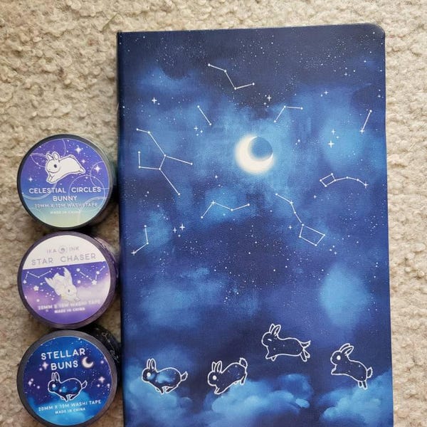 Stellar Bunny Washi Tape, Cute Washi Tape With Moon Rabbits and Stars ...