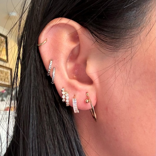 14k Yellow Gold Hoop Earrings 12-50x2.0mm, Piercing to Lobe, Upper-lobe ...