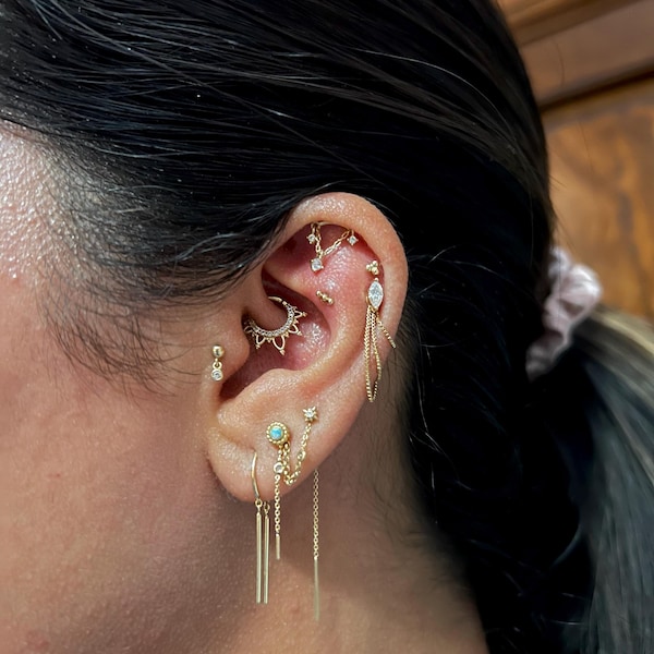 14K Solid Gold Threadless Dangle Hidden Helix Earrings/cartilage ...