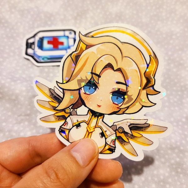 Mercy Overwatch 2 Keychain 3 Double-sided Glitter Acrylic Charm Chibi ...