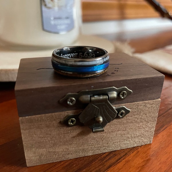 Fishing Wedding Band With Antler and Charred Whiskey Barrel Wood, Blue ...