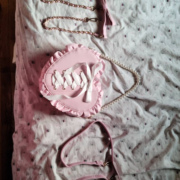 Pink Dahl Bag, Ribbon Bow Lace up Detail in Coquette and Kawaii Style ...