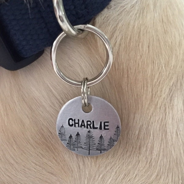 Mini Tree Line Dog Tag - Hand Stamped Pet ID Tag - Personalized Dog Tag ...