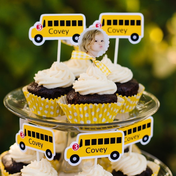 Personalized School Bus Cupcake Toppers: Wheels on the Bus Party, Set ...