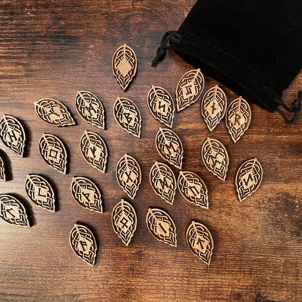 ASH Wood Rune Set, Elder Futhark Viking Runes, Pocket Rune Set, Leaf ...