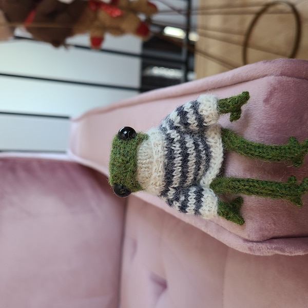 Knitted Frog in Striped Sweater Crochet Green Froggy Toy Tiktok Frog in ...