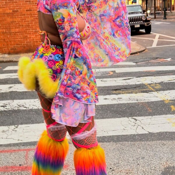 RAINBOW Rave Fluffies, Fuzzy Leg Warmers Rave Furry Boot Covers ...