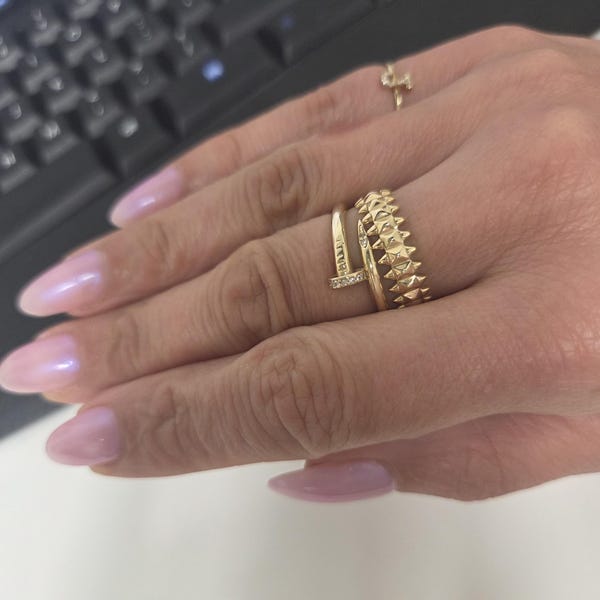 14k Gold Pyramid Spike Ring - Dainty Stackable Clash Band for Index or ...