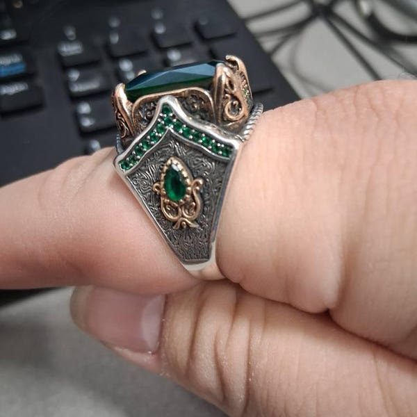 Men's Emerald Ring: 925 Sterling Silver Ottoman Engraved Design - Etsy
