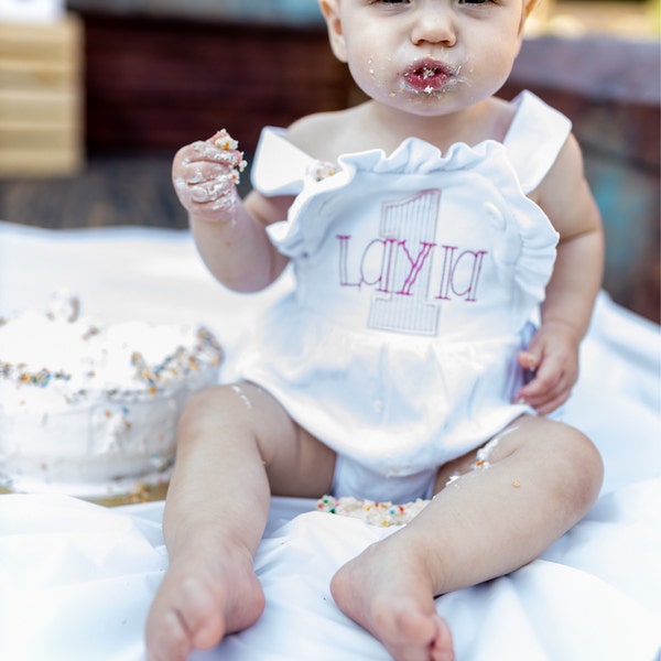 Monogrammed Baby Girl Cake Smash Outfit With 1 and Name, Girls Birthday ...