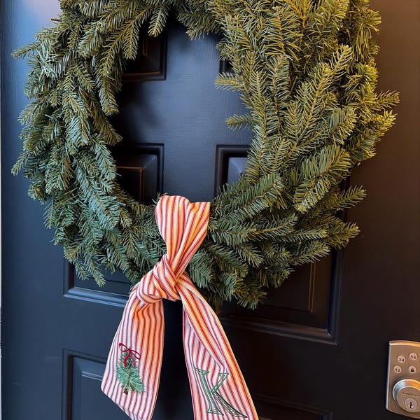 Personalized Christmas Tree Wreath Sash, Red Ticking Stripe Front Door ...