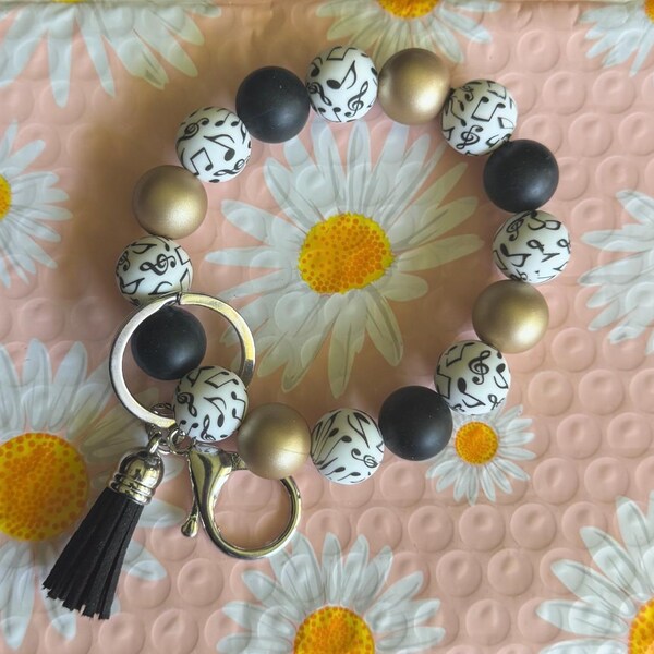 Music Notes Trio Wristlet Keychain Stretchy Bracelet & Tassel Silicone ...
