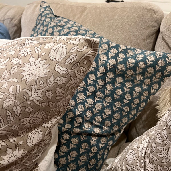 ROUX Designer Terracotta Floral Linen Pillow Cover, Block Print Pillow ...