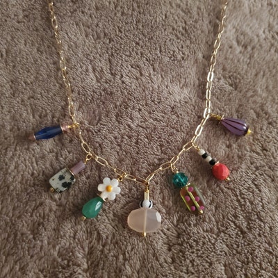 Beaded Charm Statement Necklace, Multi Charm Necklace, Colorful Beaded ...