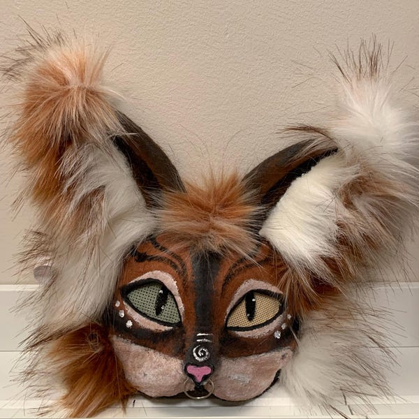 Therian Cat Mask Gray, Brown & White Full Head Design Handmade Faux Fur ...