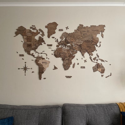 Handcrafted Wooden World Map Wall Art, Home Office Decor, Push Pins Map ...